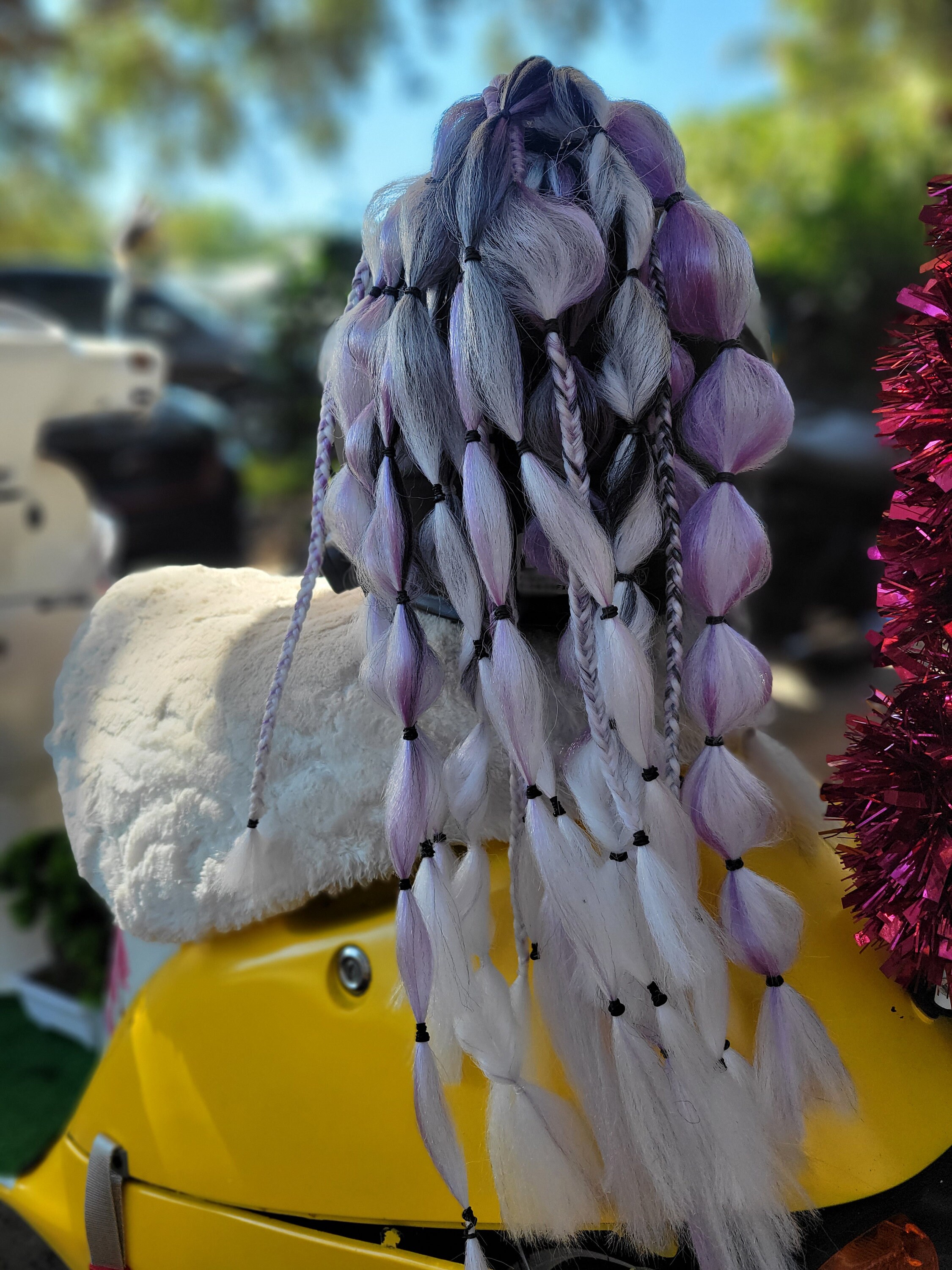 Biker Braids, Black White Purple, Rave Braid, Helmet Ponytail, Helmet ...