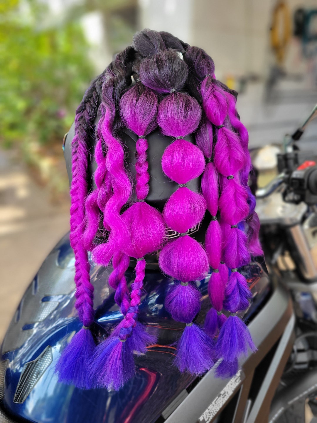 Biker Braids, Purple Black, Rave Braid, Helmet Ponytail, Helmet Flair ...