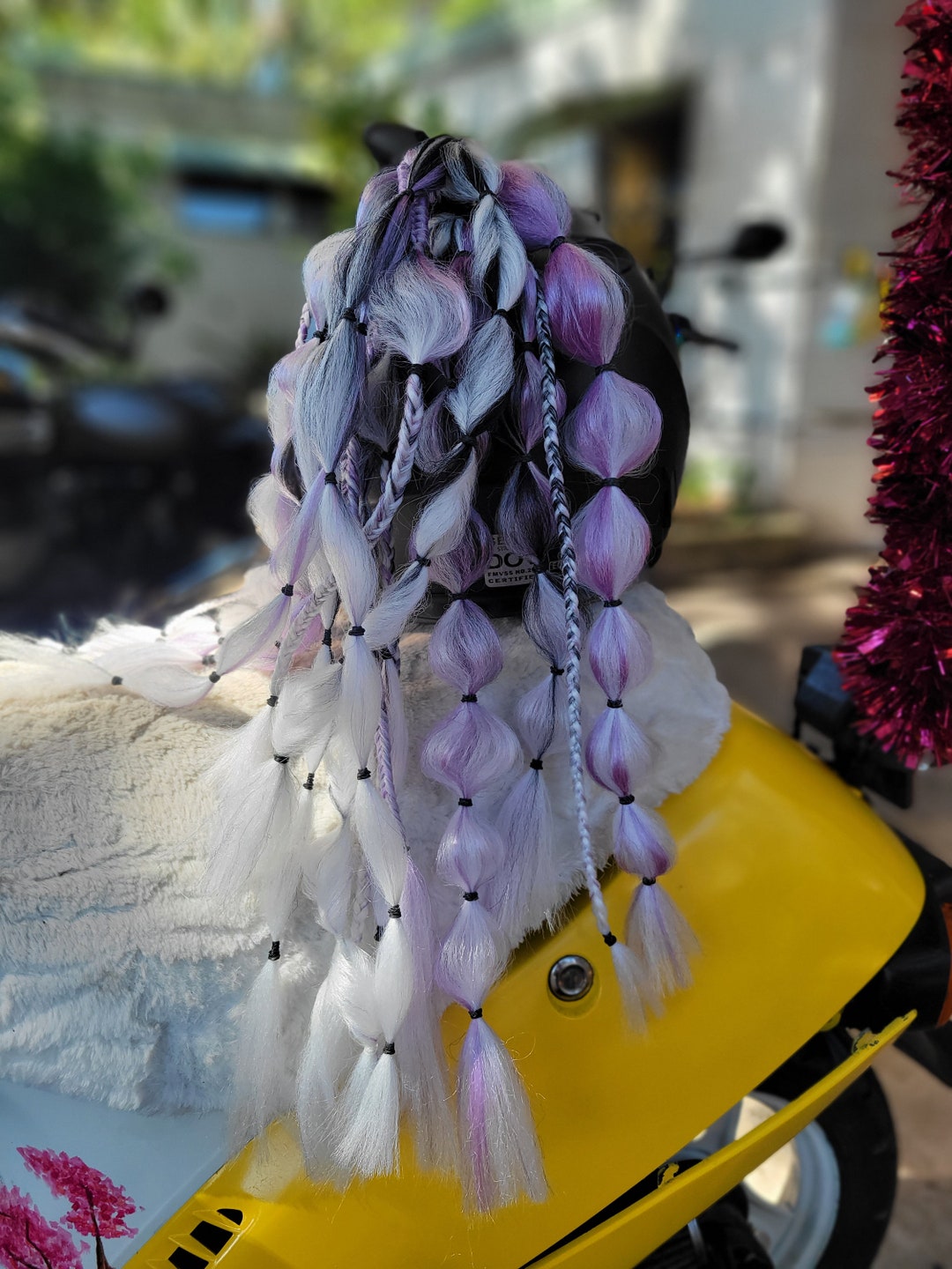 Biker Braids, Black White Purple, Rave Braid, Helmet Ponytail, Helmet ...