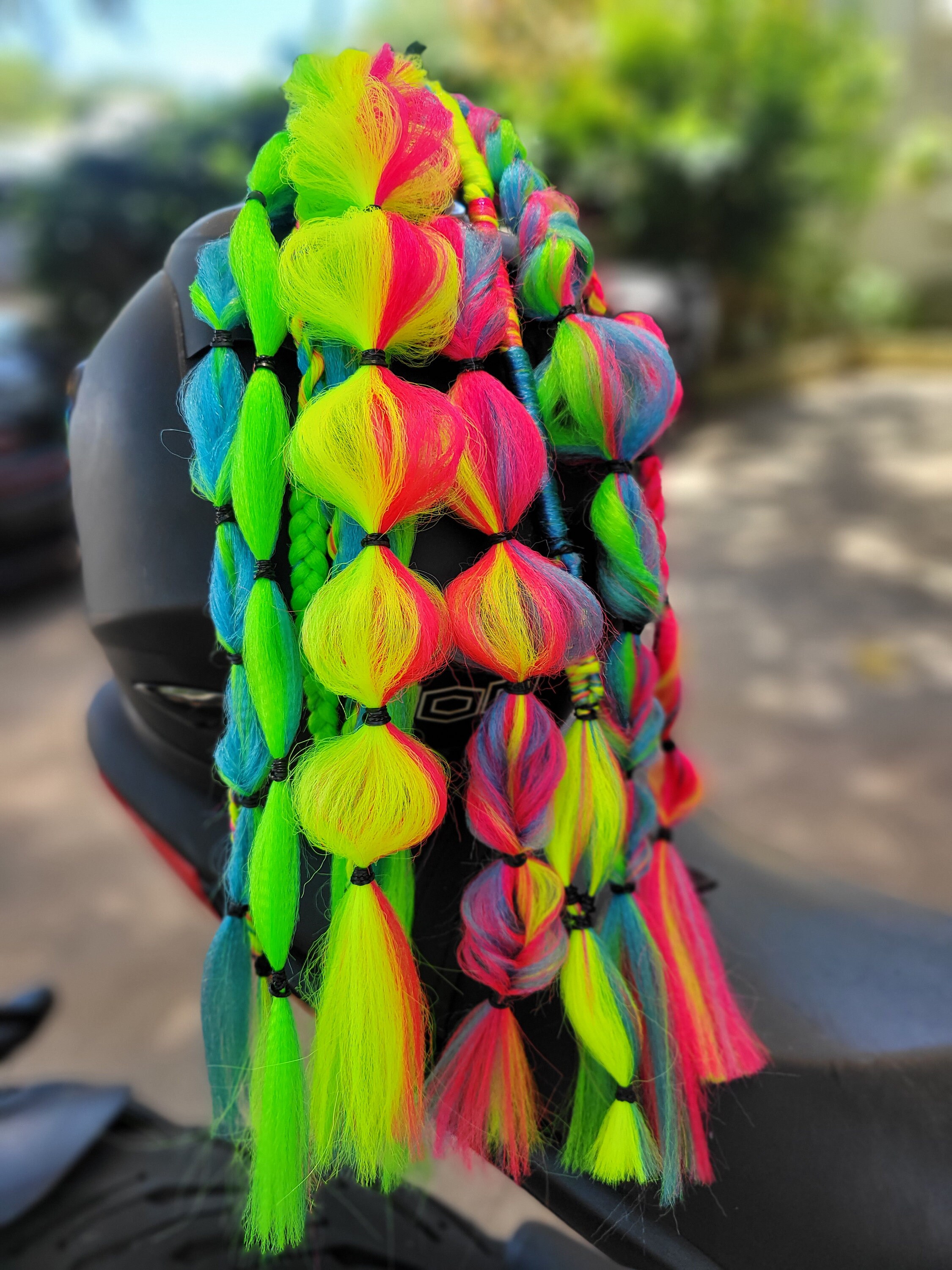 Biker Braids, 90s Neon, Rave Braid, Helmet Ponytail, Helmet Flair ...