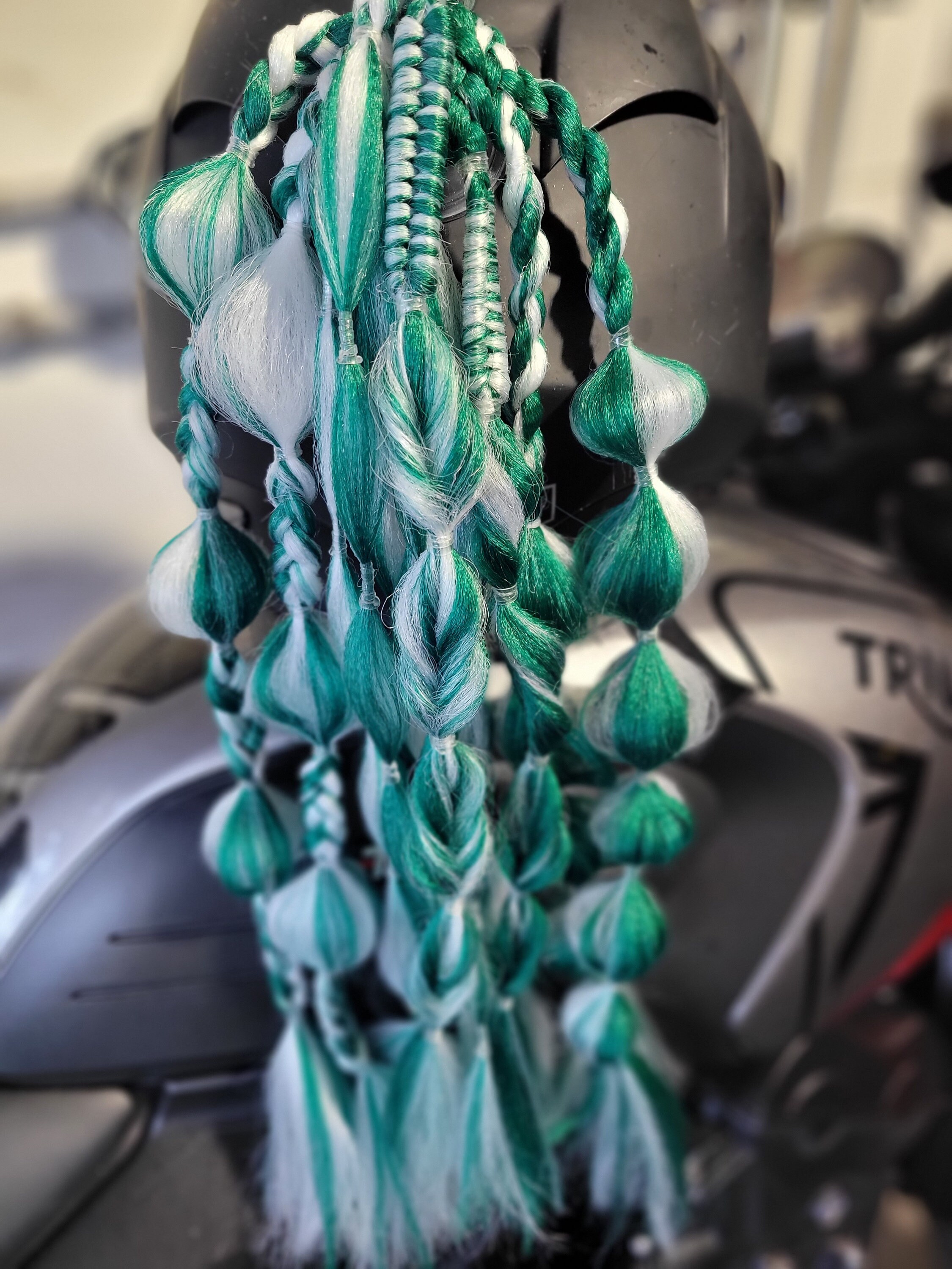 Biker Braids, Green Goddess, Rave Braid, Helmet Ponytail, Helmet Flair ...