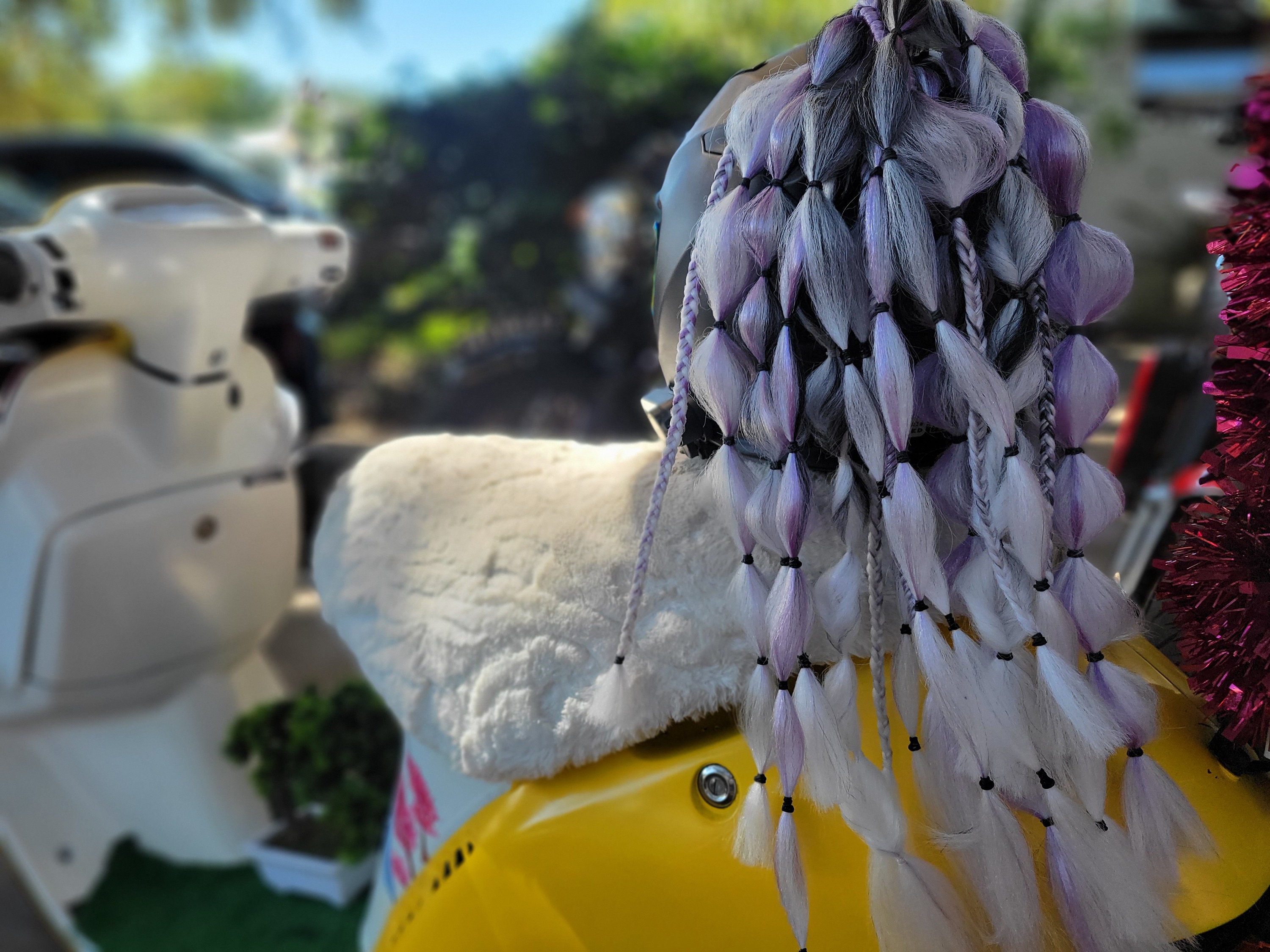 Biker Braids, Black White Purple, Rave Braid, Helmet Ponytail, Helmet ...