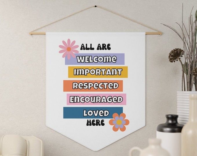 All Are Welcome Classroom Décor Pennant | 70 Retro Theme Positive Wall ...