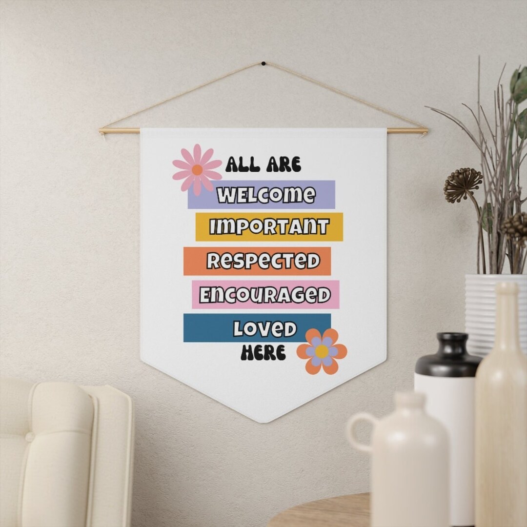All Are Welcome Classroom Décor Pennant | 70 Retro Theme Positive Wall ...