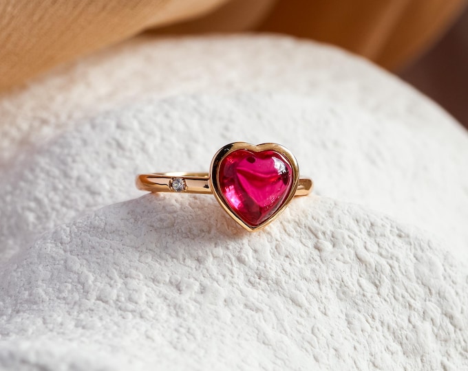 Red Heart Gem Ring, Gold Plated 925 Sterling Silver, Ruby Red Signet ...