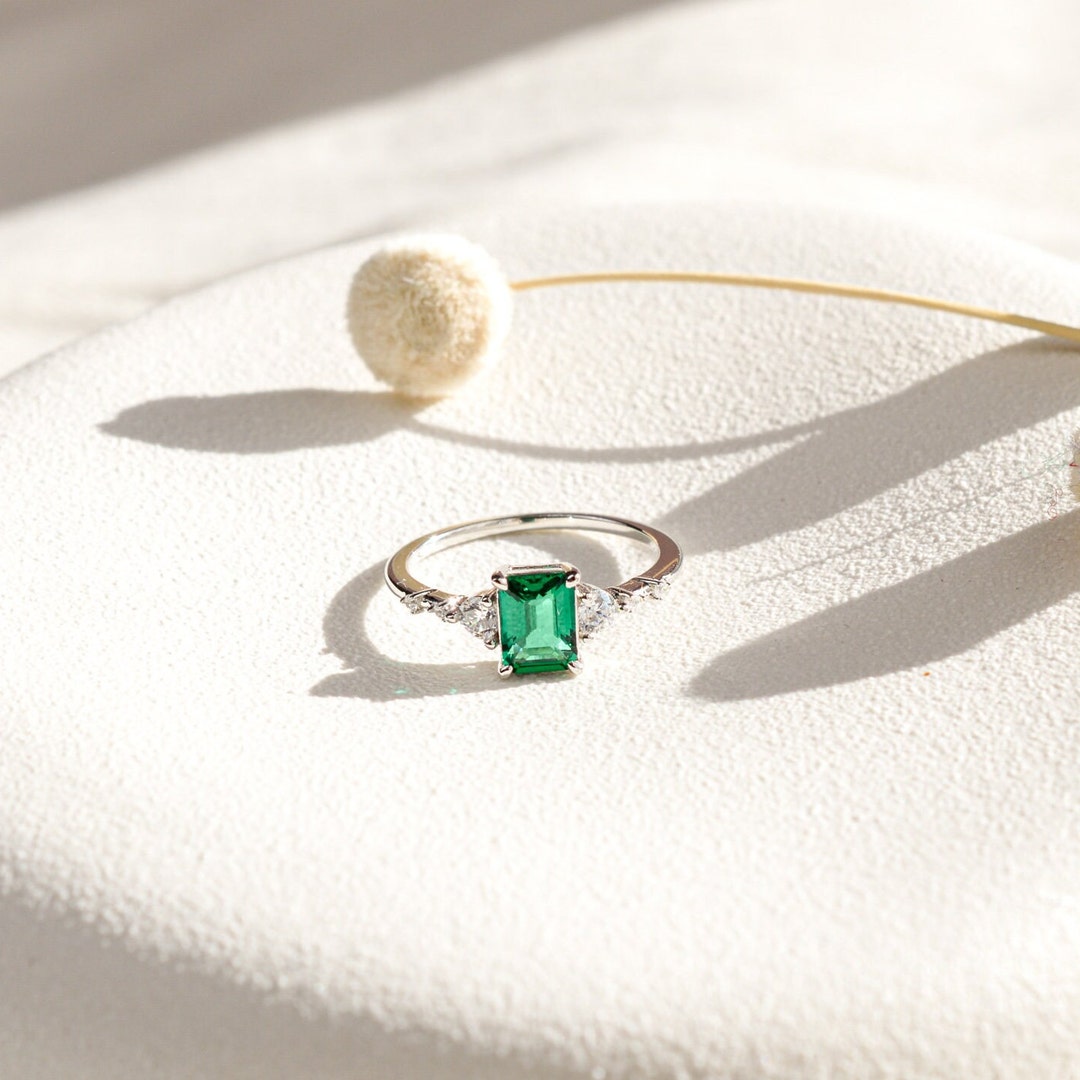 Genuine Emerald Sterling Silver Ring Emerald Engagement Ring, Silver ...
