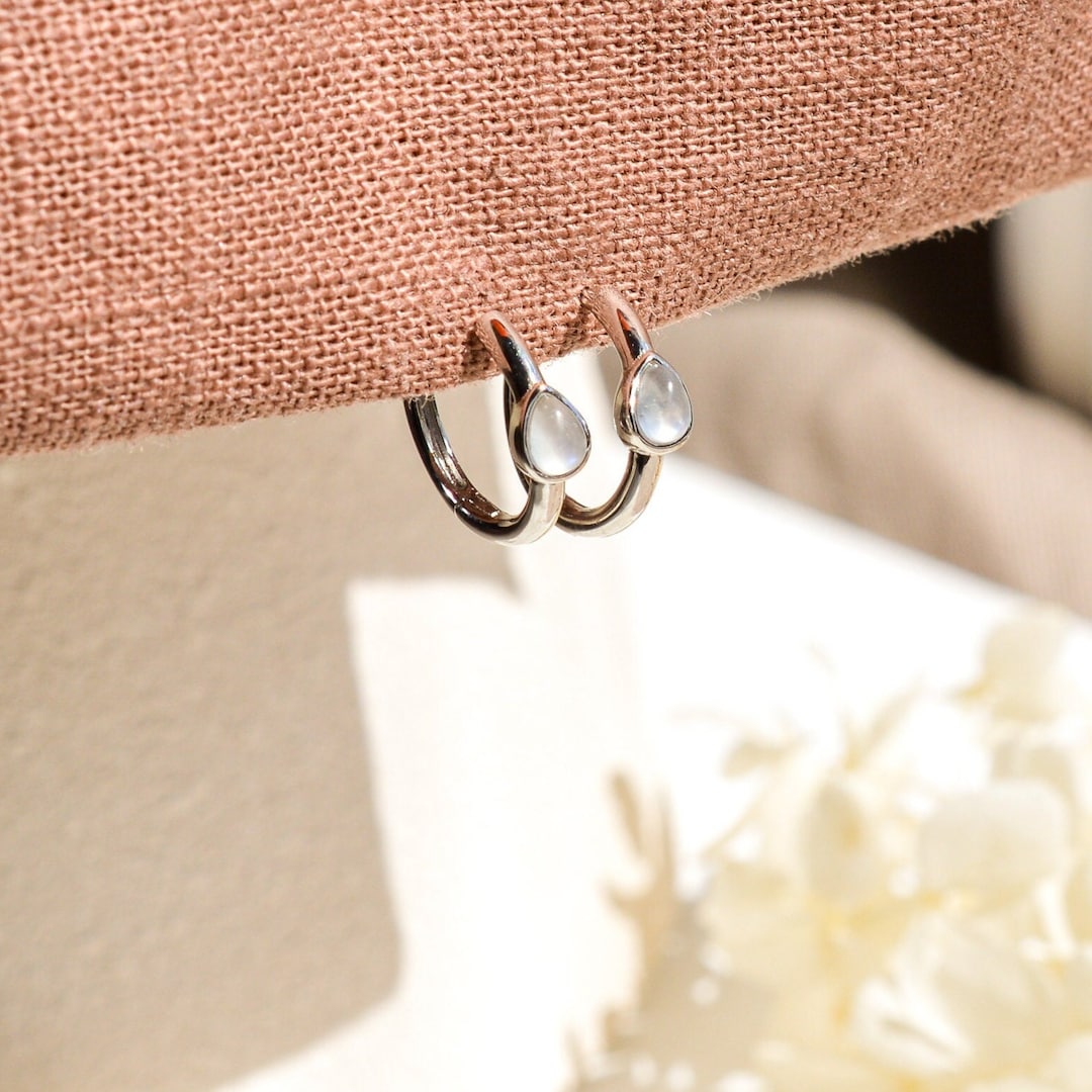 Moonstone Silver Hoop Earrings, Dainty Moonstone Huggies Sterling Silver, Small Birthstone Gold ...