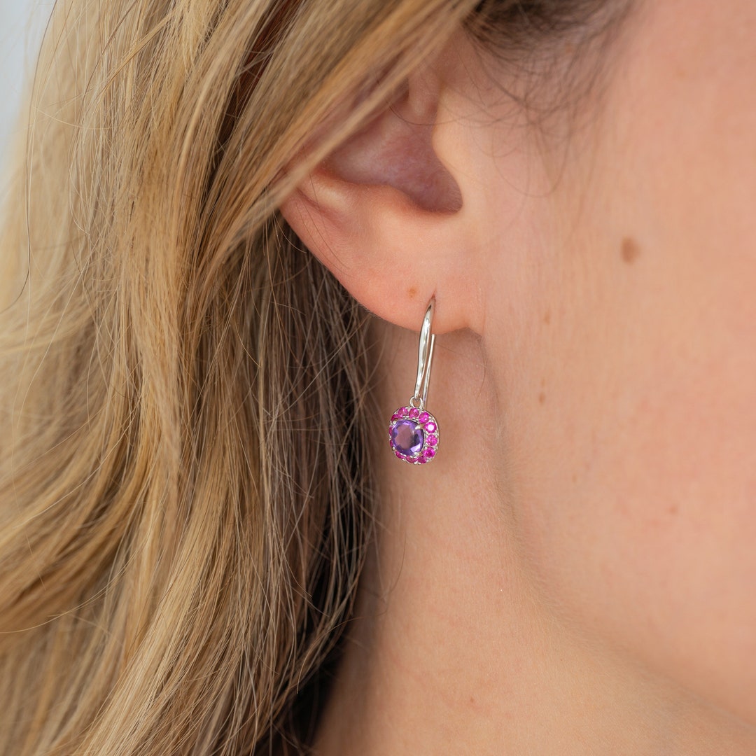 Natural Amethyst and Ruby Silver Earrings, Sterling Silver Dangle ...