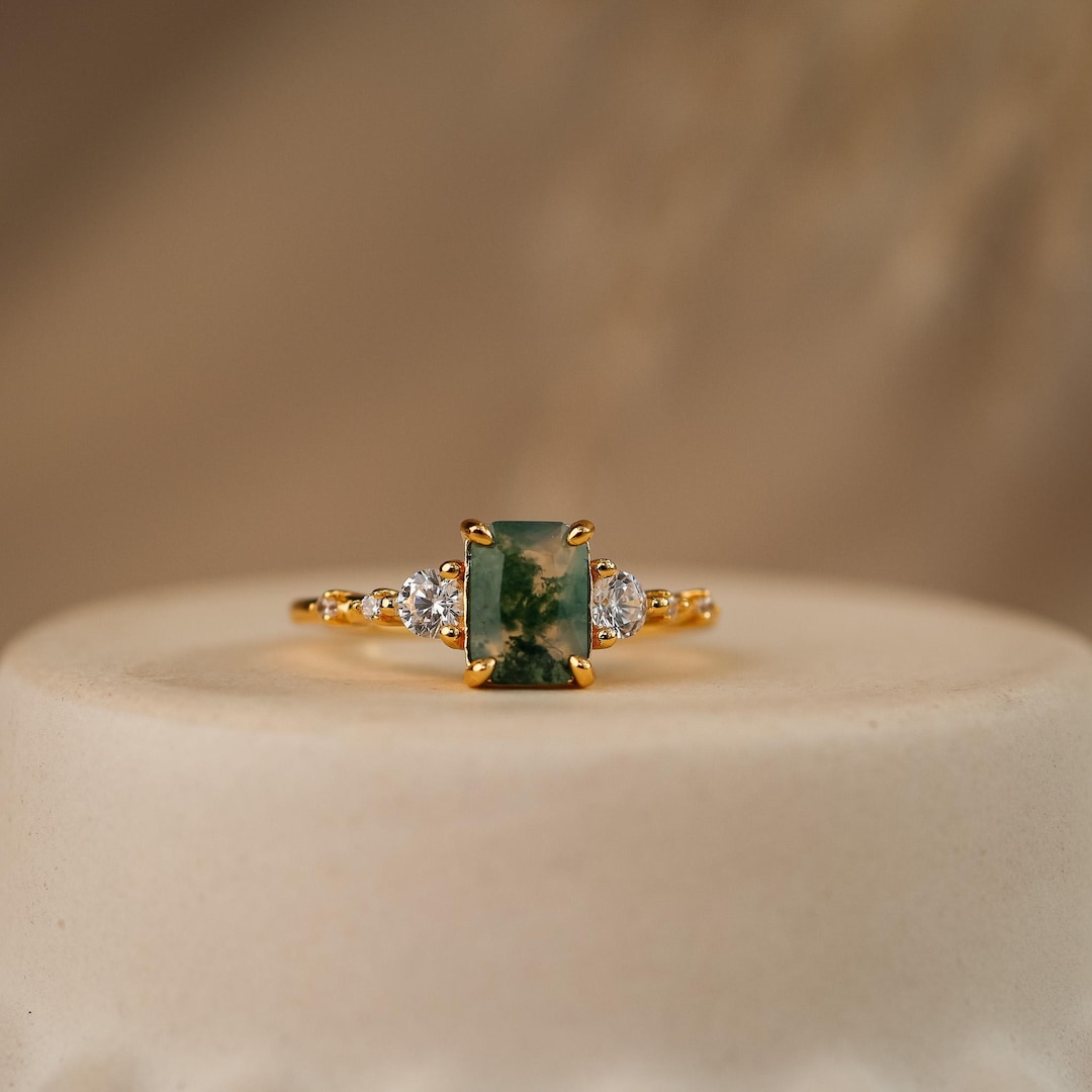 Natural Moss Agate Ring 14K Gold Vermeil, Genuine Agate Jewelry ...