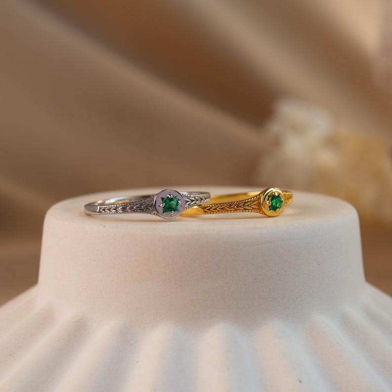 Genuine Emerald Star Ring Gold Sterling Silver Ring, Dainty Signet ...