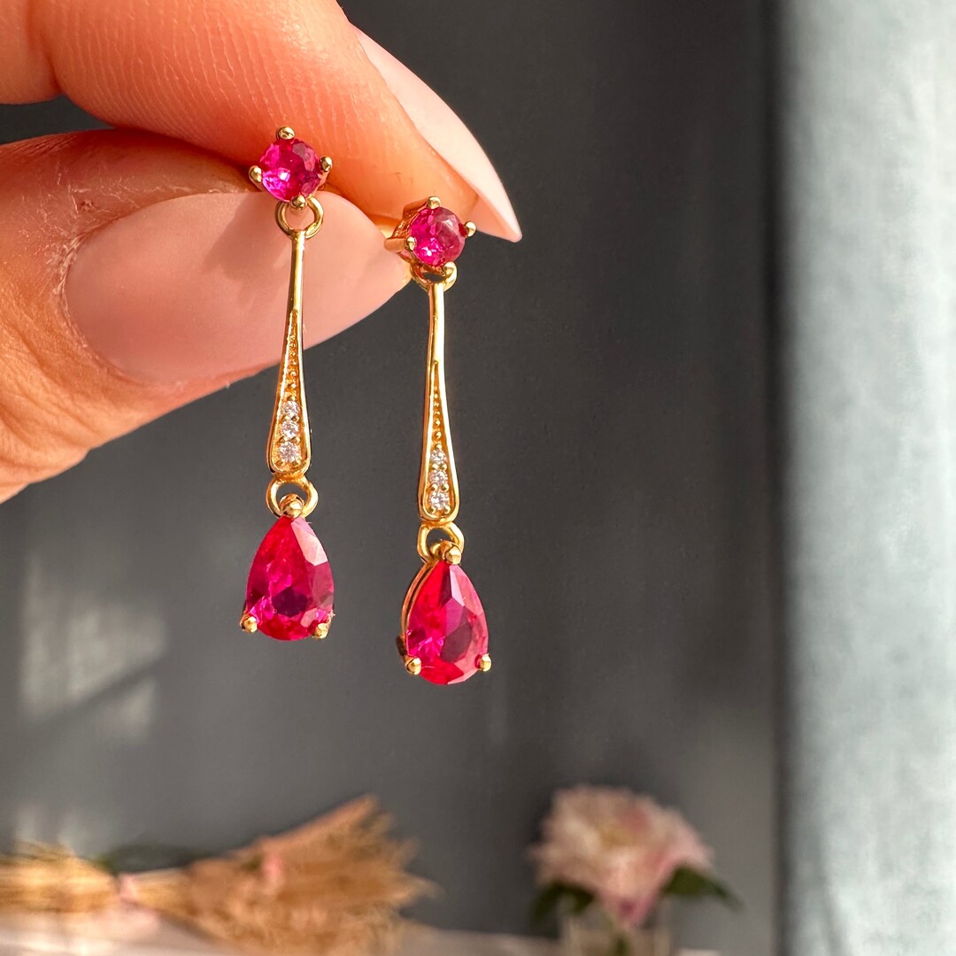 Ruby Gold Drop Earrings Art Deco, Genuine Ruby Vintage Dangle Earrings ...