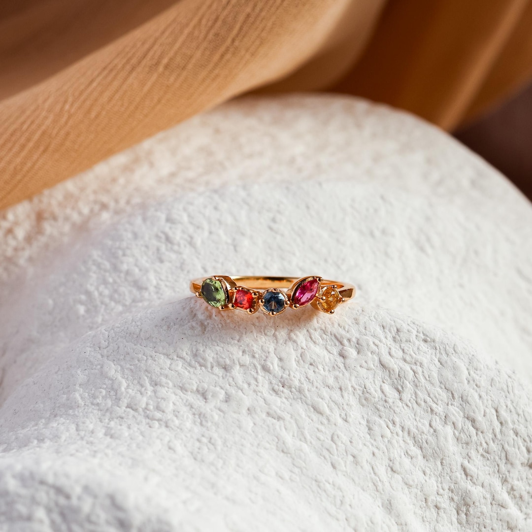 Rainbow Gold Ring, Multi Stones Colourful Ring, Birthstone Ring Promise ...