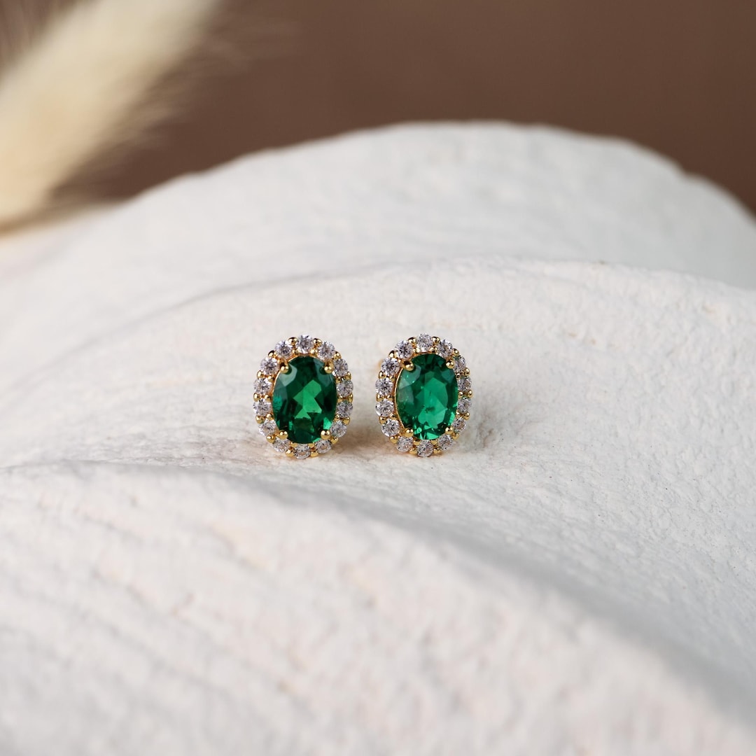 Genuine Emerald Gold Stud Earrings, 1.43ct Real Lab Emerald Halo ...