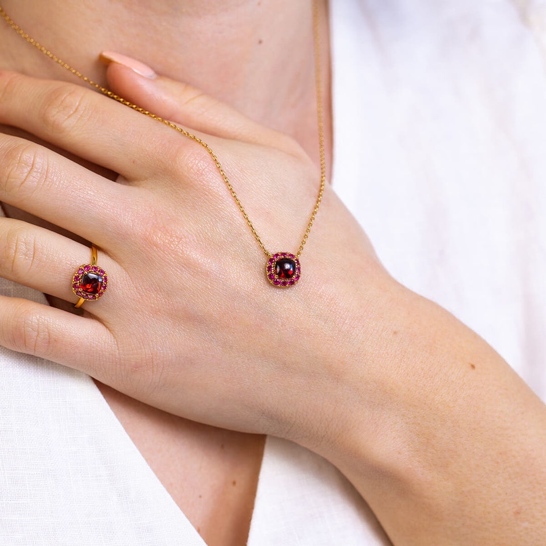 Genuine Garnet Ruby Necklace, Jewellery Set 14k Gold Sterling Silver ...
