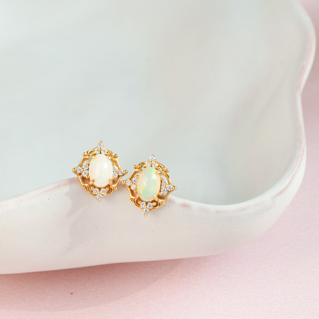 Natural Opal Art Deco Gold Stud Earrings, Real Opal Gold Earrings ...