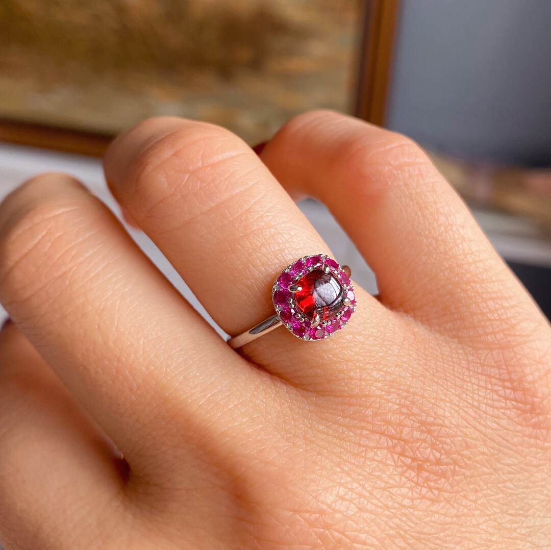 Natural Garnet Ruby Silver Ring, 925 Sterling Silver Flower Ring ...