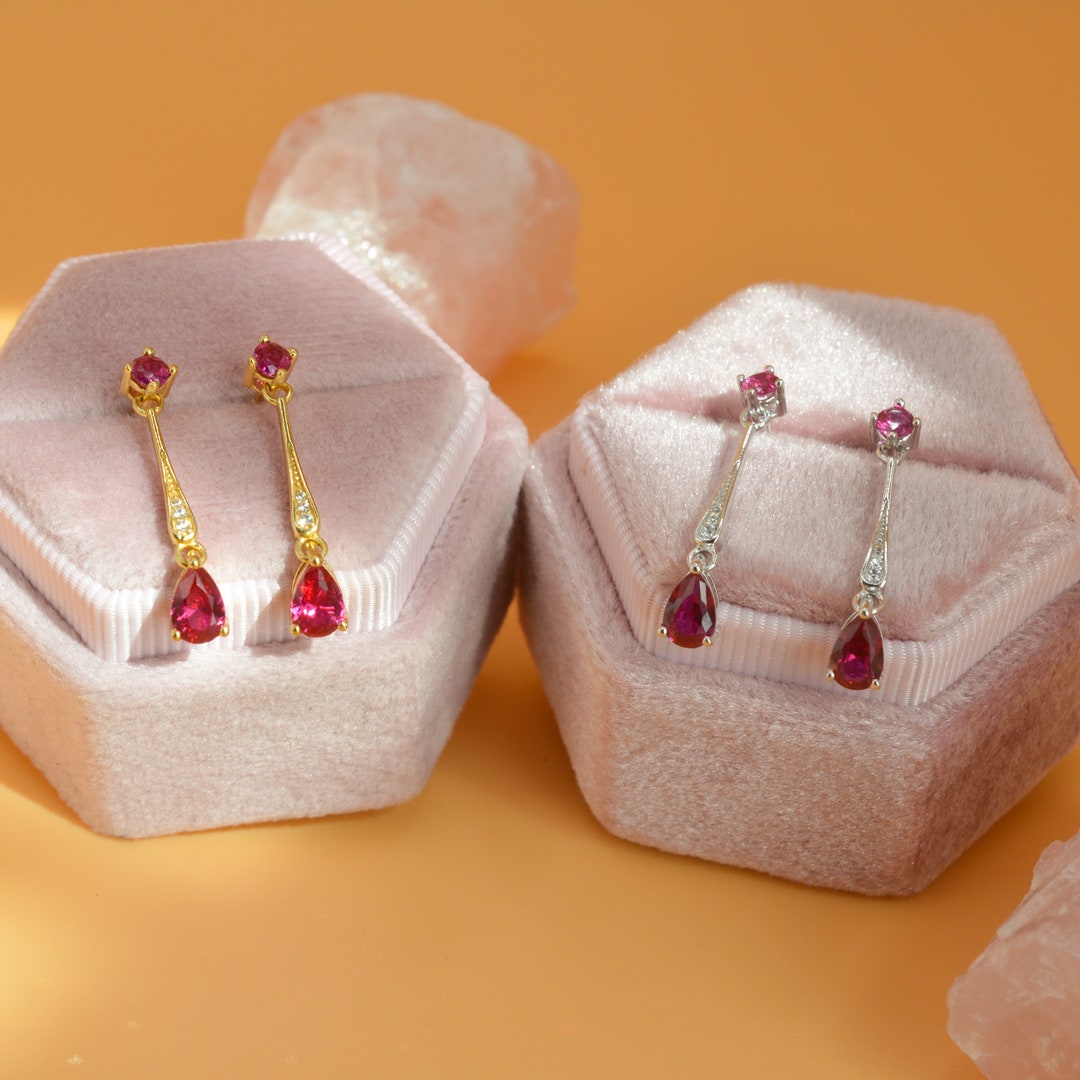 Genuine Ruby Drop Earrings 14K Gold Vermeil, Dainty Gold Dangle ...