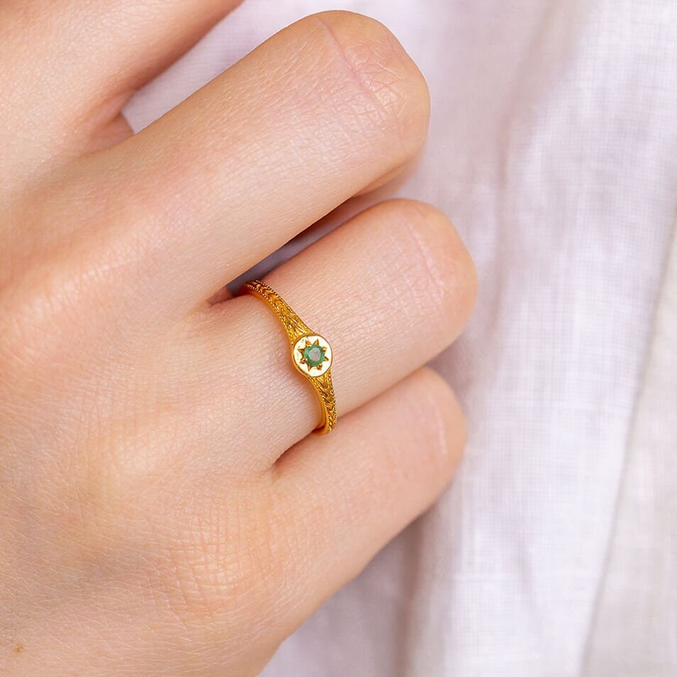 Genuine Emerald Star Ring Gold Sterling Silver Ring, Dainty Signet ...
