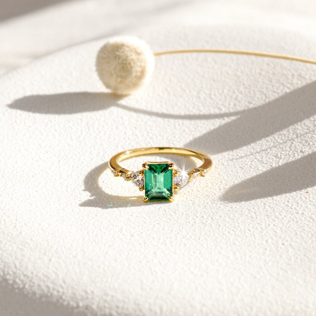 Genuine Emerald Gold Ring, 14K Gold Vermeil Lab Emerald Engagement Ring ...