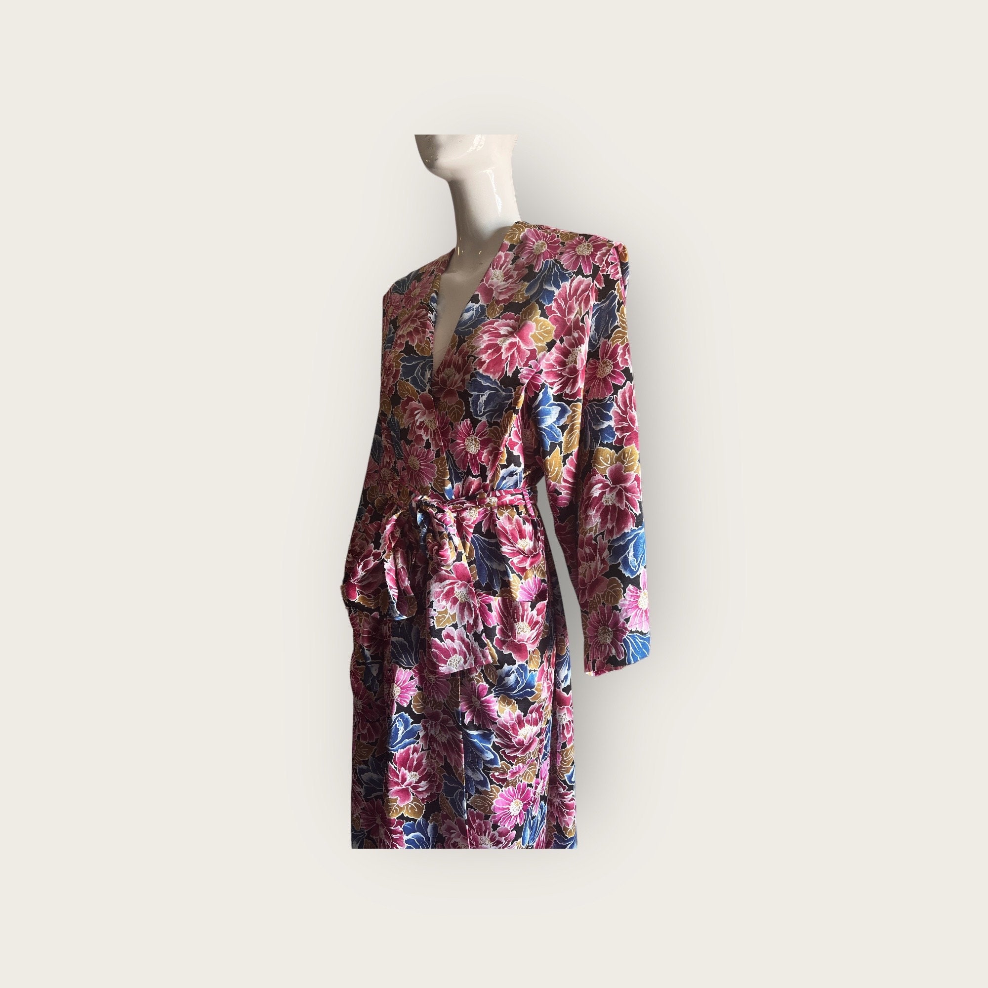 80s Silky Floral Dressing Robe 1980s Long Floral Print Bathrobe W/sash ...