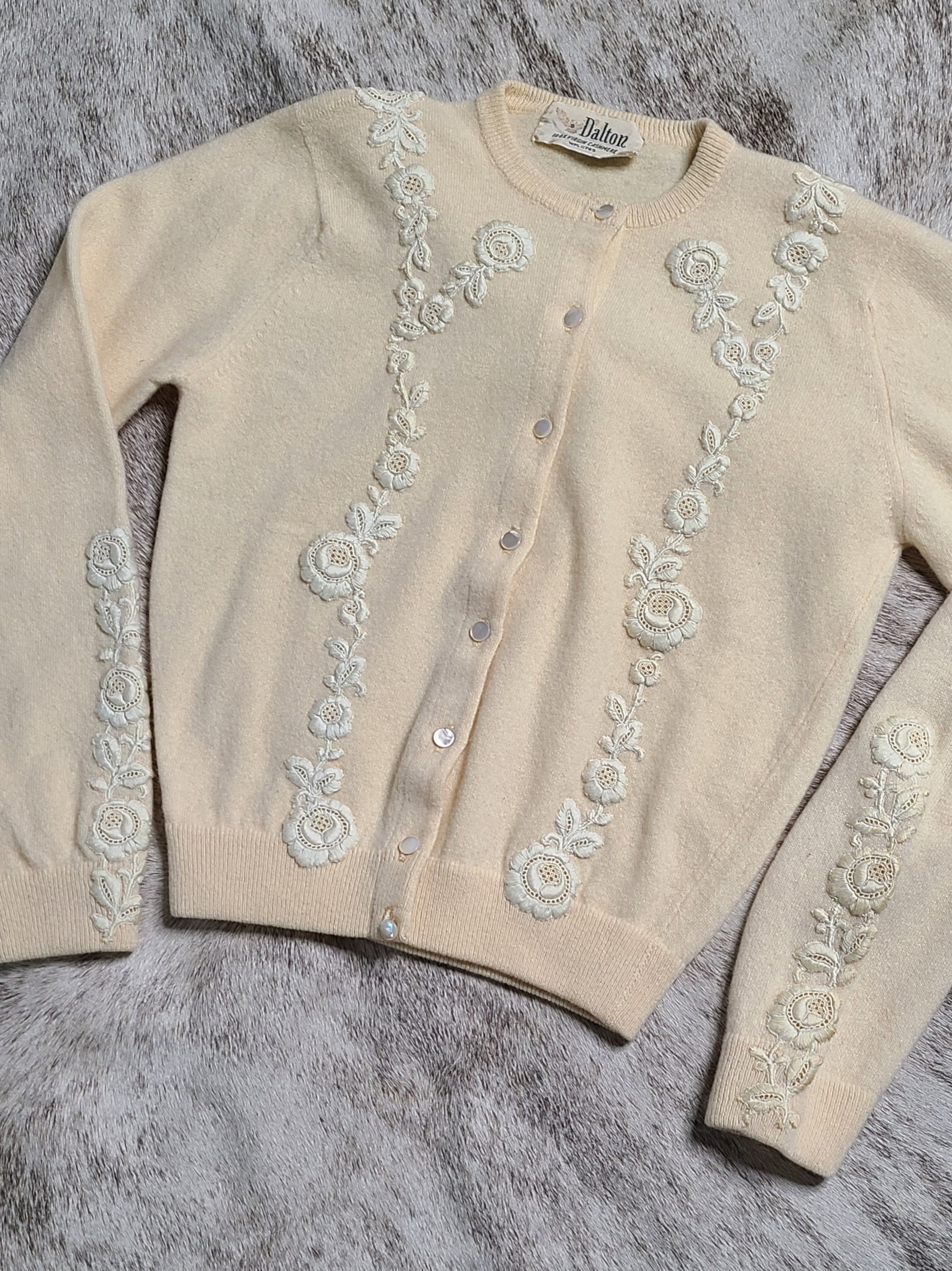Vintage Ivory Cashmere Cardigan Floral Embroidered Sweater Etsy