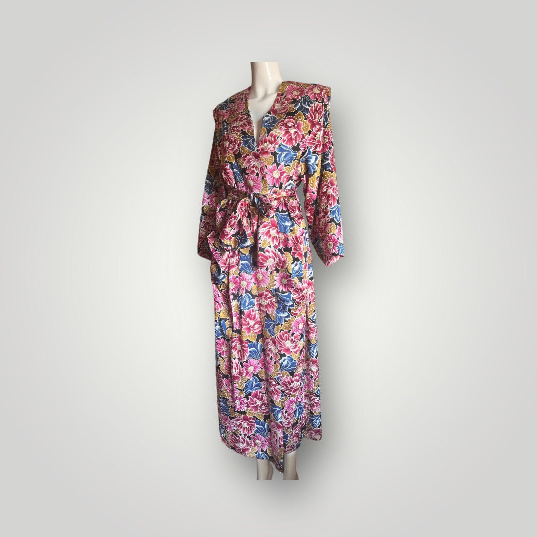 80s Silky Floral Dressing Robe 1980s Long Floral Print Bathrobe W/sash ...