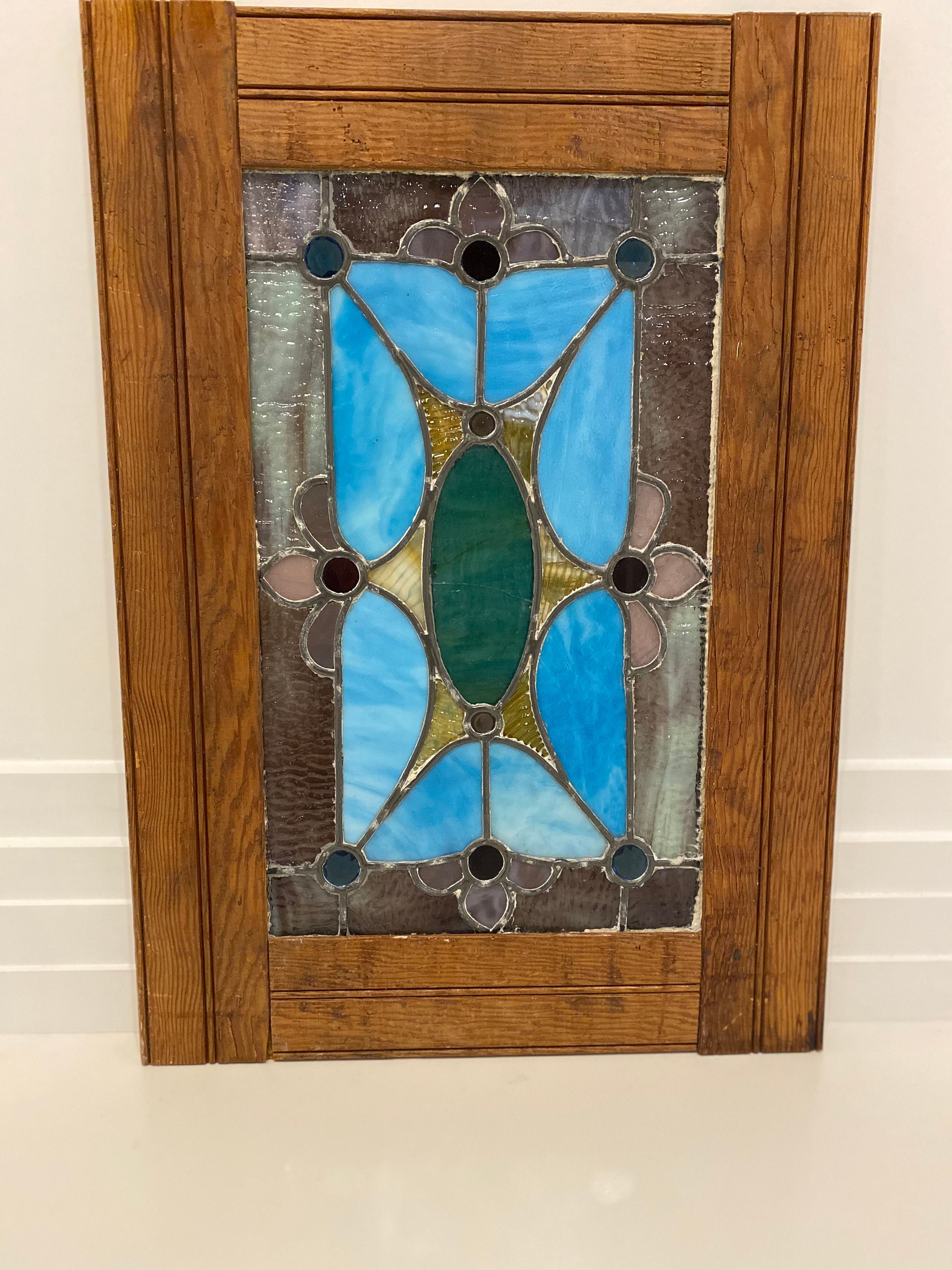 Pair of Aqua Blue Stained Glass Panels With Glass Gems - Etsy