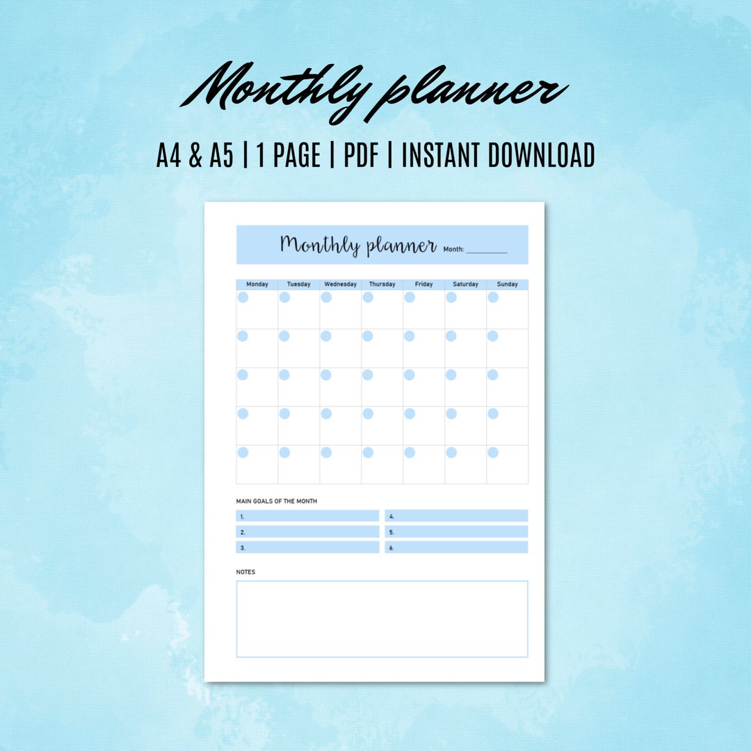 MONTHLY PLANNER A4 & A5 Printable PDF Download Baby Blue - Etsy