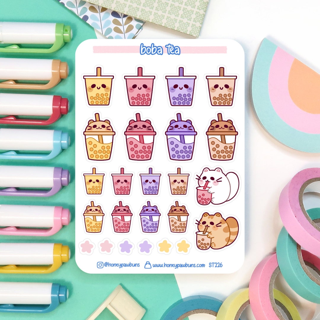 Boba Tea Sticker Sheet. Cute Bubble Tea Stickers With Kawaii Faces for ...