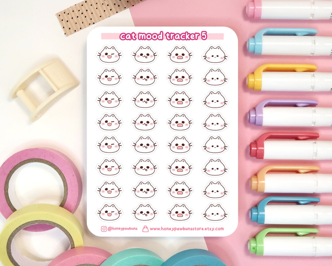 Cat Mood Tracker Part 5 Sticker Sheet. Kawaii Cat Face Emoji - Etsy