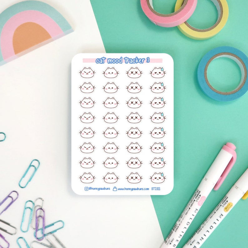 Cat Mood Tracker No. 3 Sticker Sheet. Kawaii Cat Emoji Planner Stickers ...