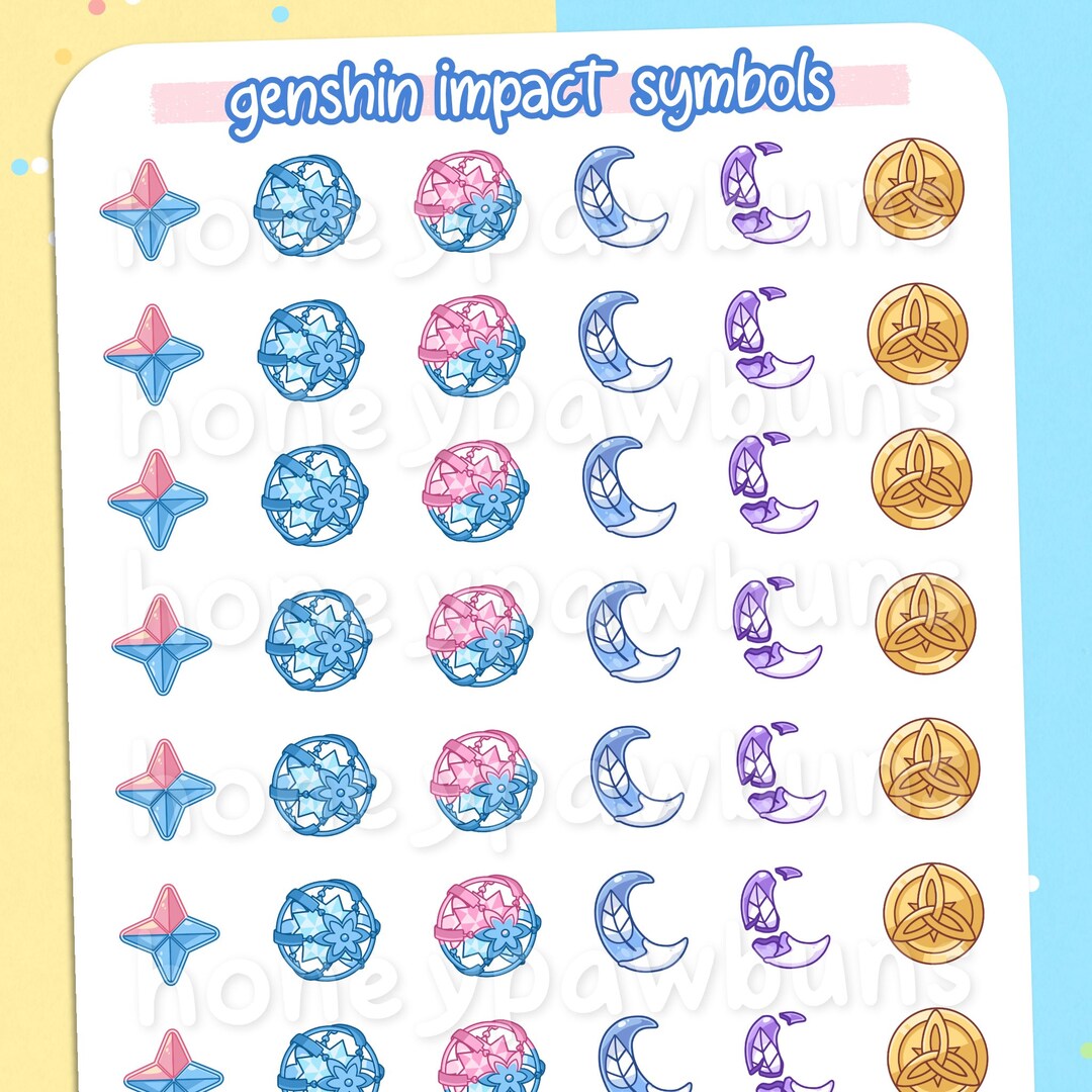 Genshin Impact Symbols Sticker Sheet: Primogems, Fates, Resin and Mora ...