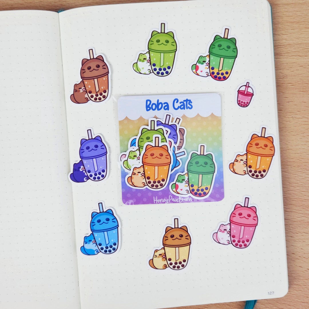 Boba Cat Sticker Set. Colorful Bubble Tea Kitten Stickers - Etsy