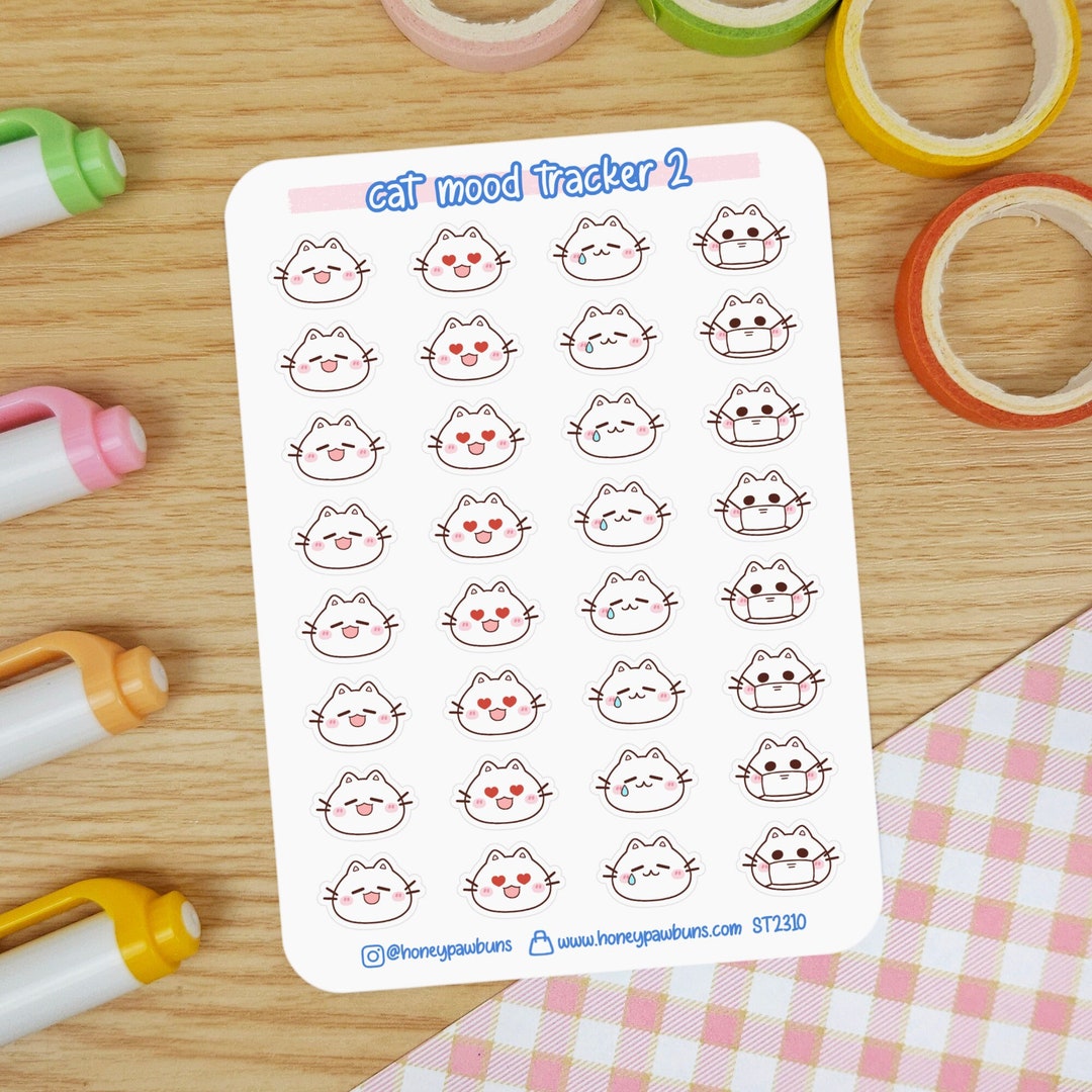 Kawaii Cat Mood Tracker No. 2 Sticker Sheet: Smile, Heart Eyes, Sigh ...