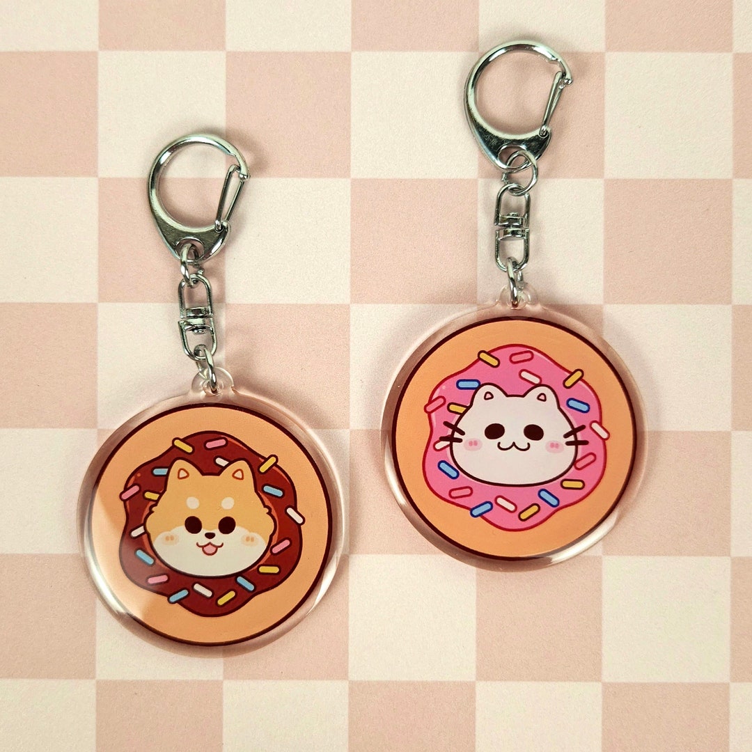 Shiba Inu and Cat Donut Keychain. Kawaii Anime Charm, Printed on Both ...