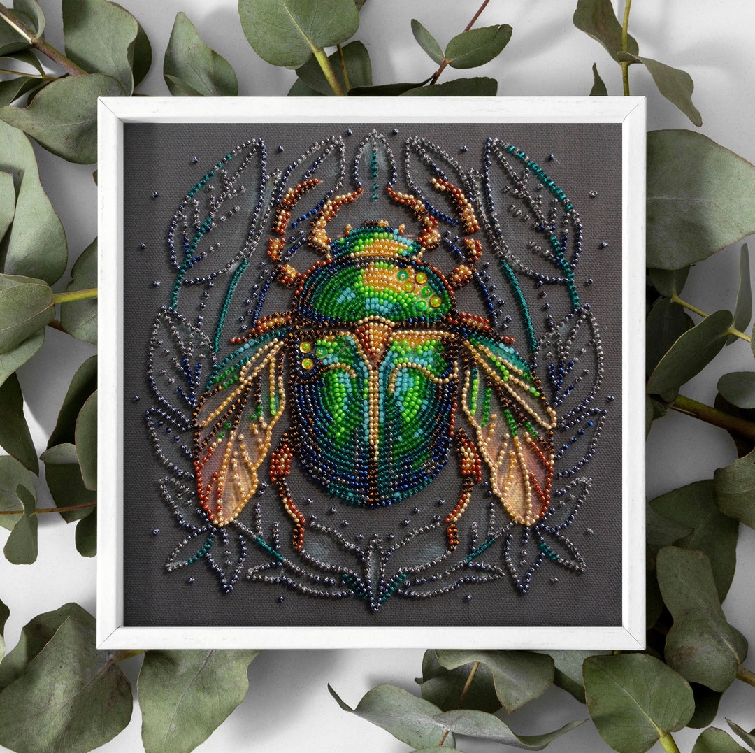 Bead Embroidery Kit: Emerald Beetle Insect Art Canvas With Czech Beads ...