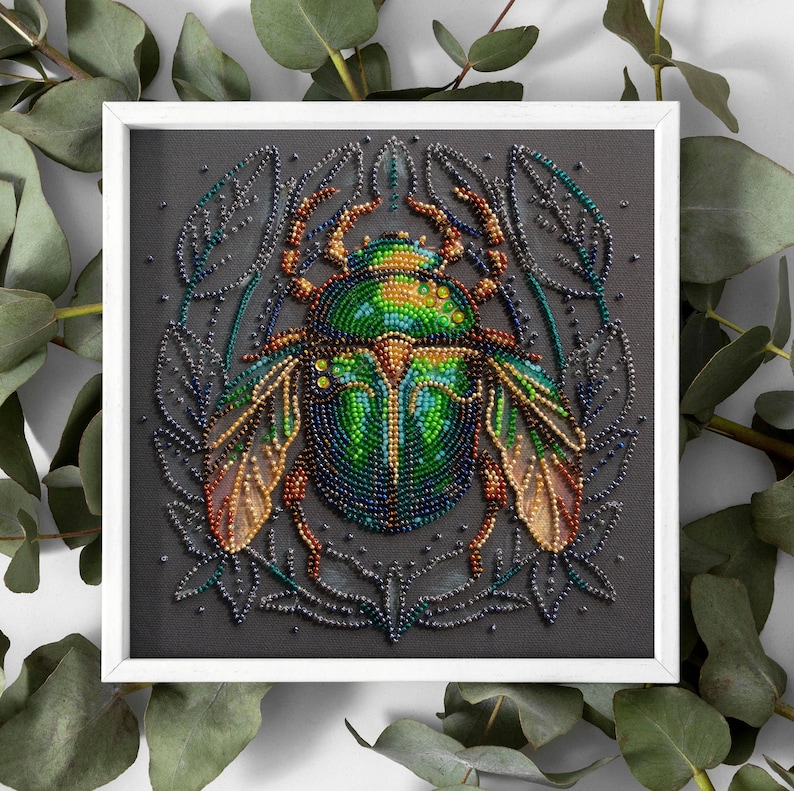 Bead Embroidery Kit: Emerald Beetle Insect Art Canvas With Czech Beads ...