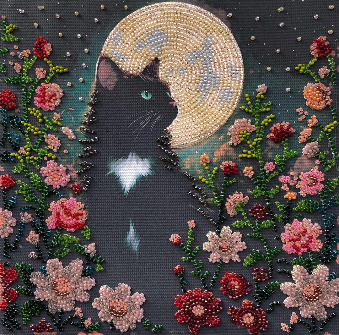 Black Cat Bead Embroidery Kit | DIY Wall Art With Czech Beads (20x20cm ...