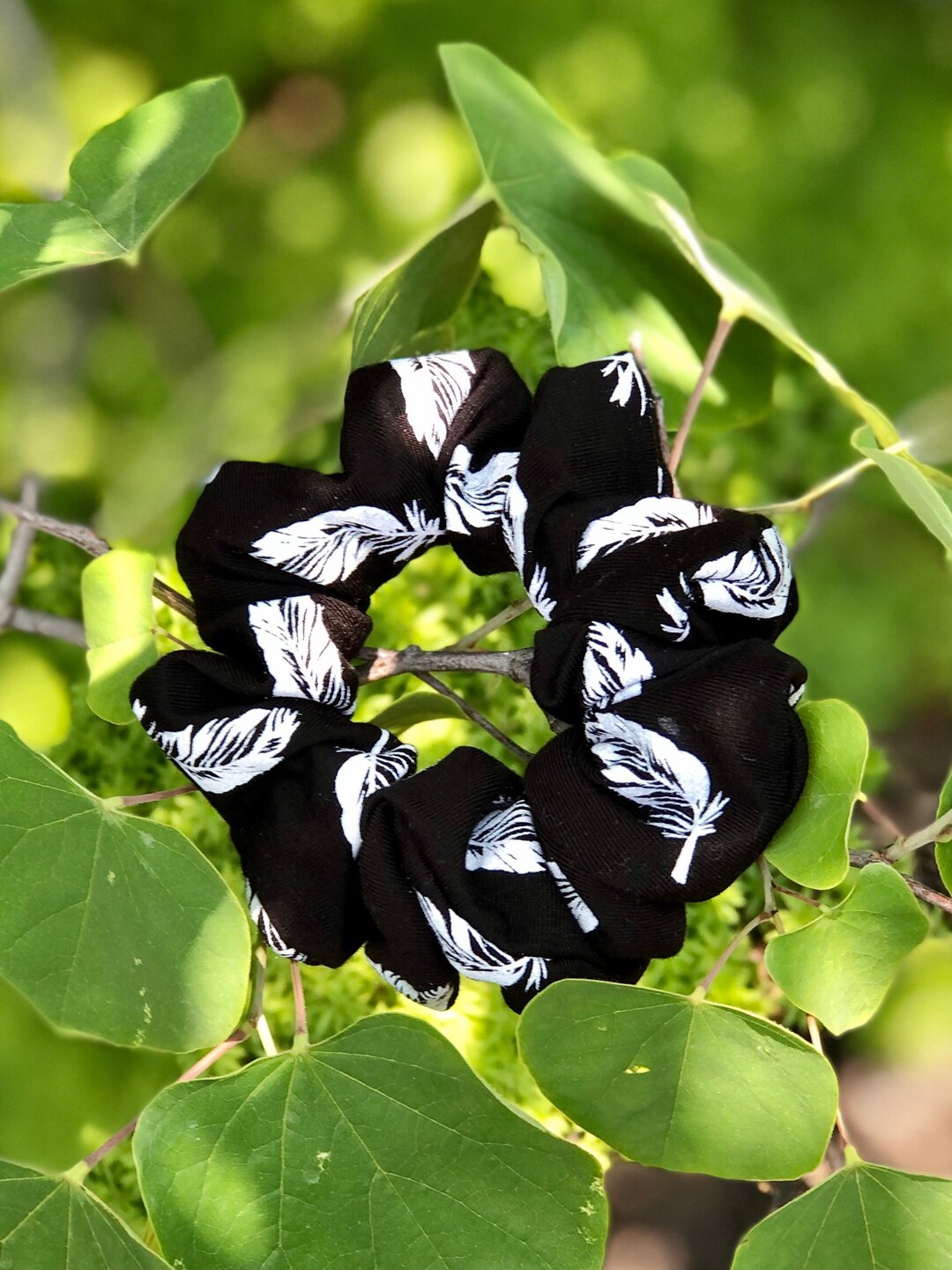 White Feather Scrunchie - White Feather on Black, Bamboo Jersey, Soft ...