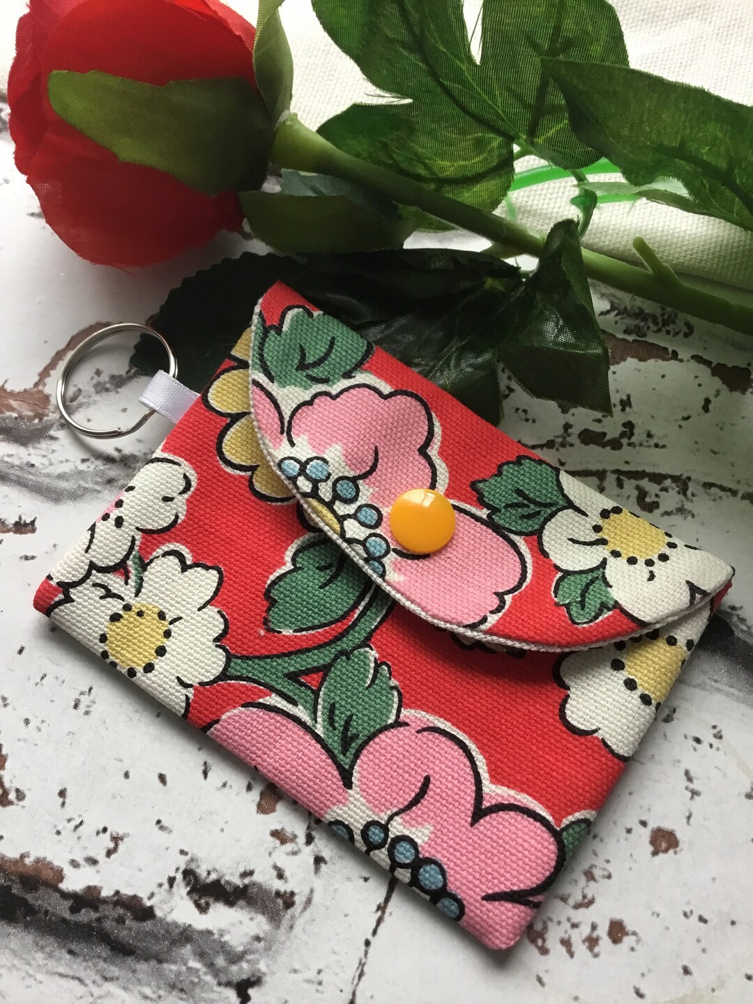 Cath Kidston Bold Retro Red Floral Linen Fabric Card / Coin Purse, Key ...