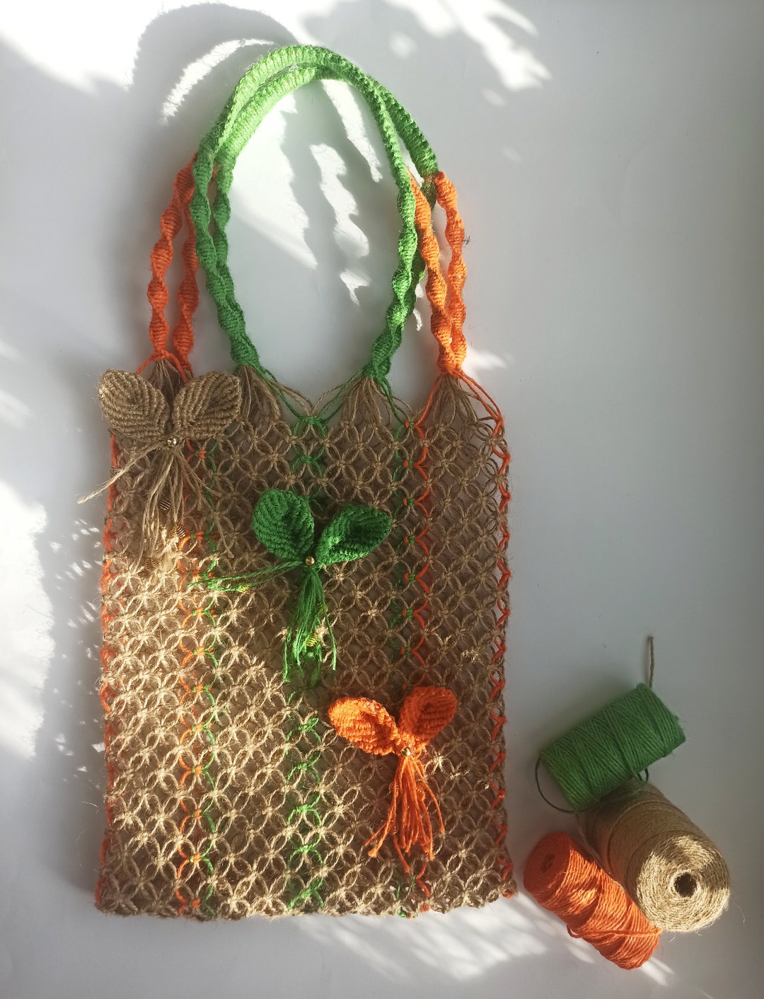 French Jute Net Bag With Green and Orange Leaves - Etsy