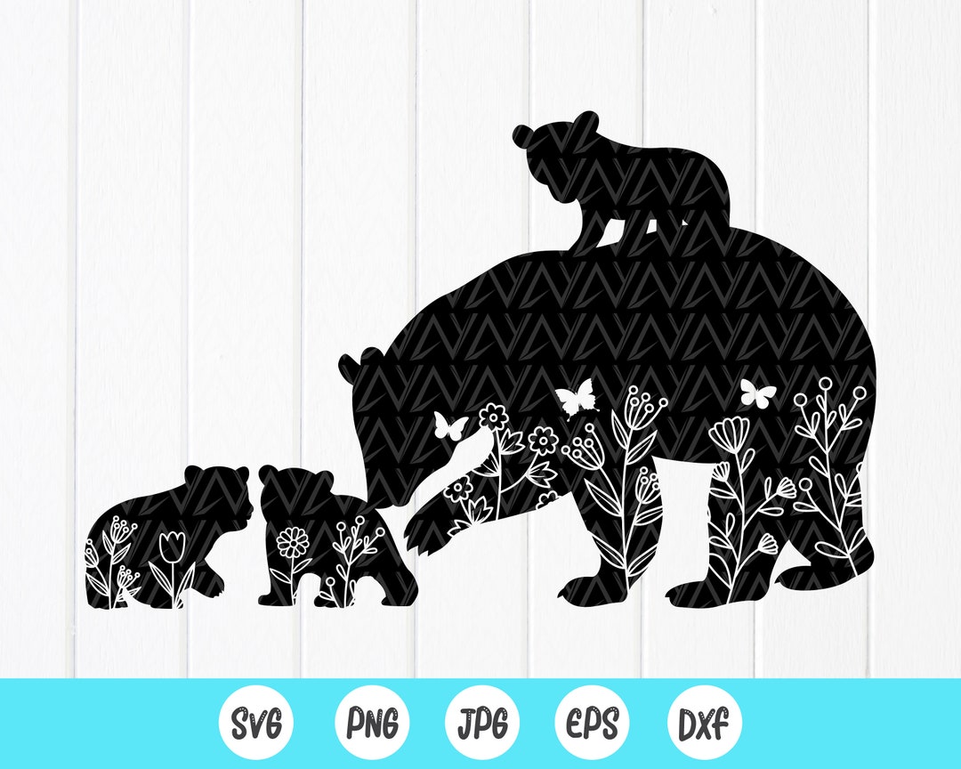 Mama Bear Floral With Three Cubs, Floral Bear Svg, Mama Bear Flower ...