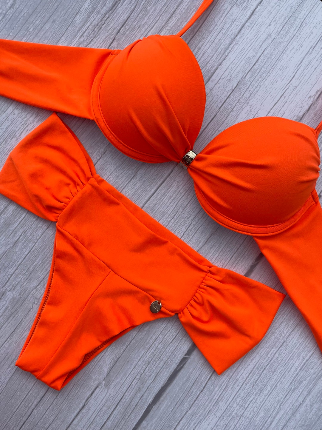 This Brazilian Neon Orange Bikini Set Has Adjustable Straps With Tie ...