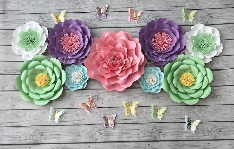Spring Paper Flower Wall Decor - Paper Flowers and Butterflies – Set of ...