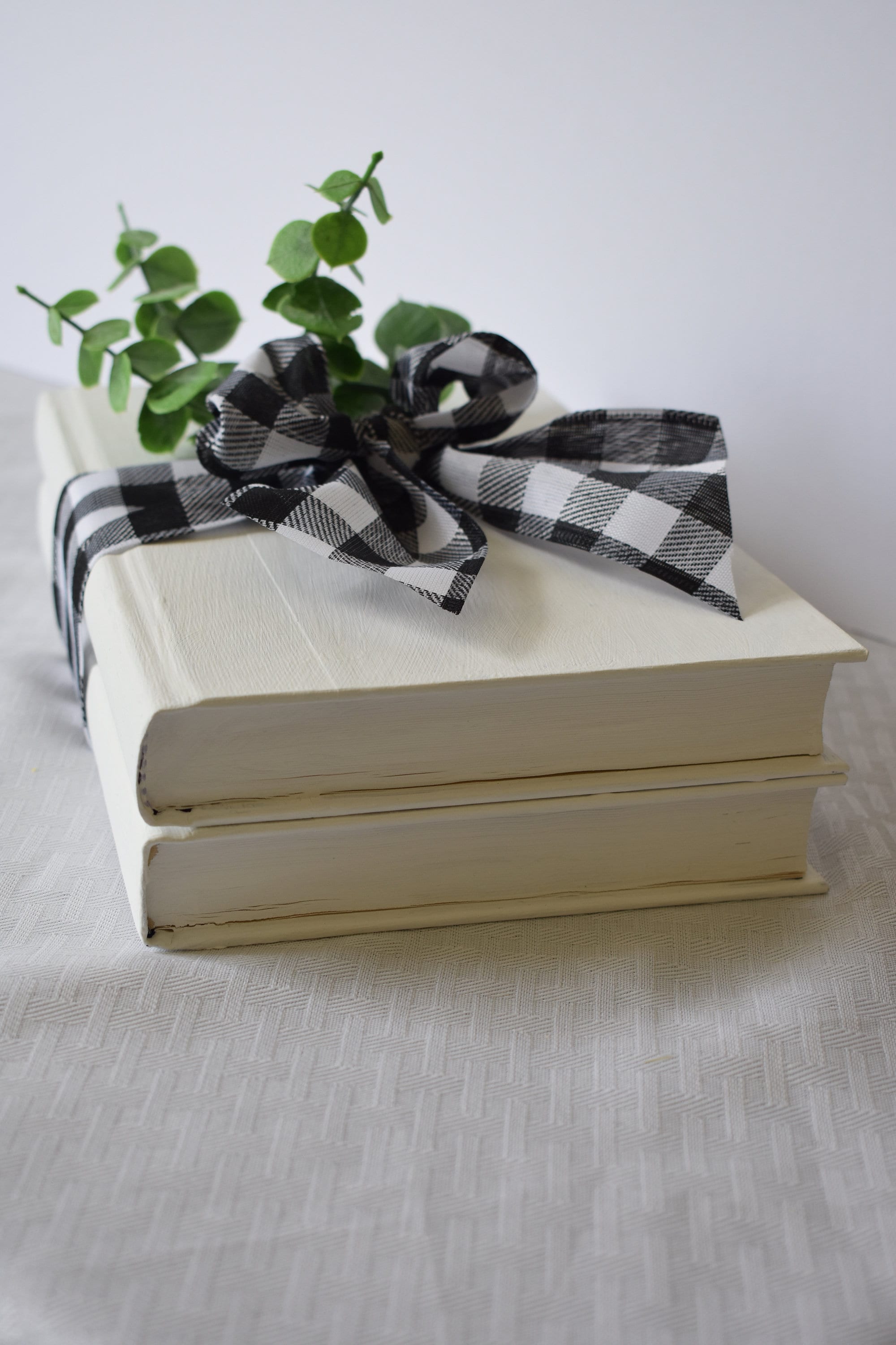 Farmhouse Bookstacks / Buffalo Check Ribbon / Books With Greenery / Decor Books / Stacked Books ...