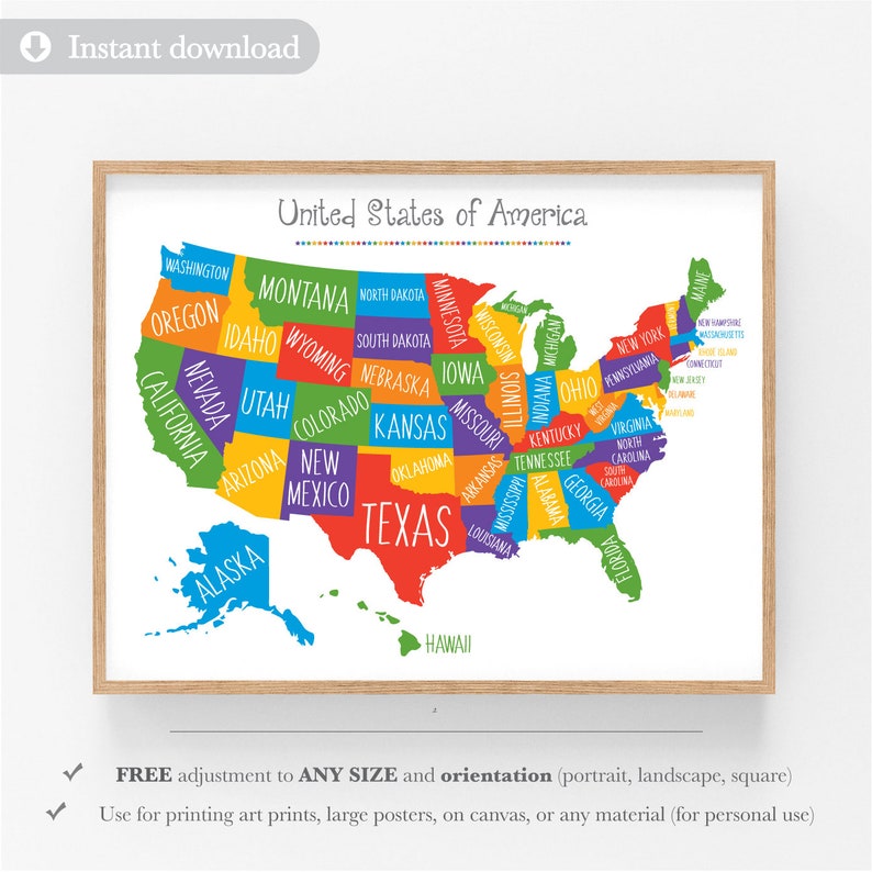 Large United States Map for Kids Printable Colorful USA Map - Etsy
