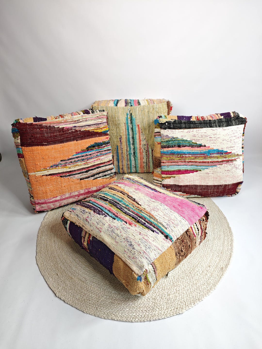 Moroccan Pouf With Geometric Pattern, Upcycled Pouf Made From Fabric ...