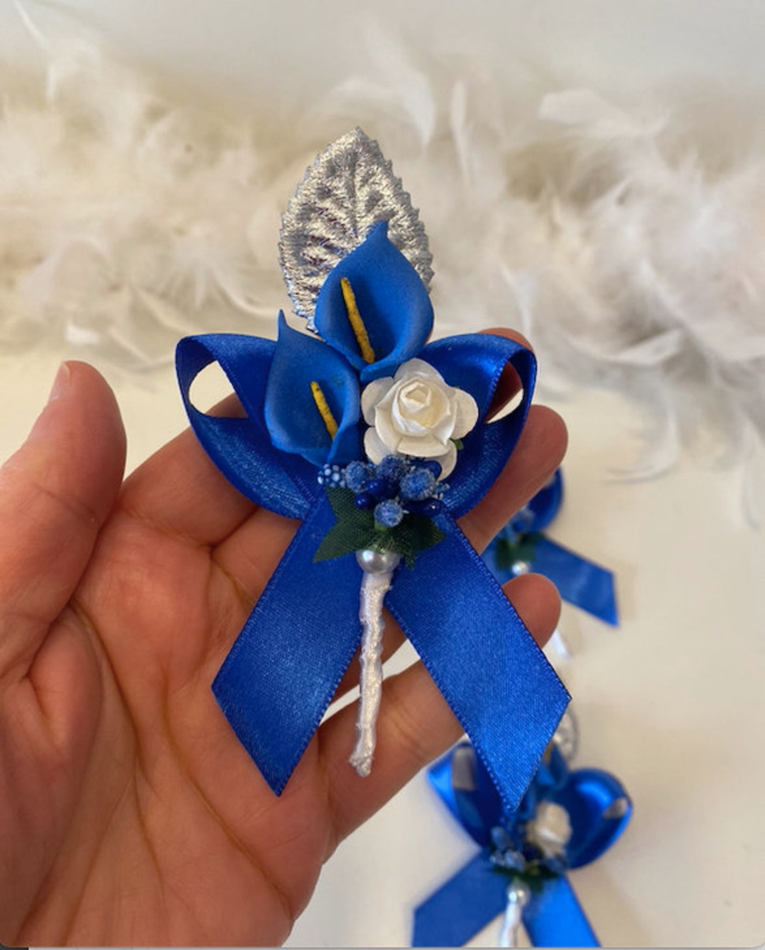 Flower Pin Groom Best Man Royal Blue White Light Blue Paper Roses ...