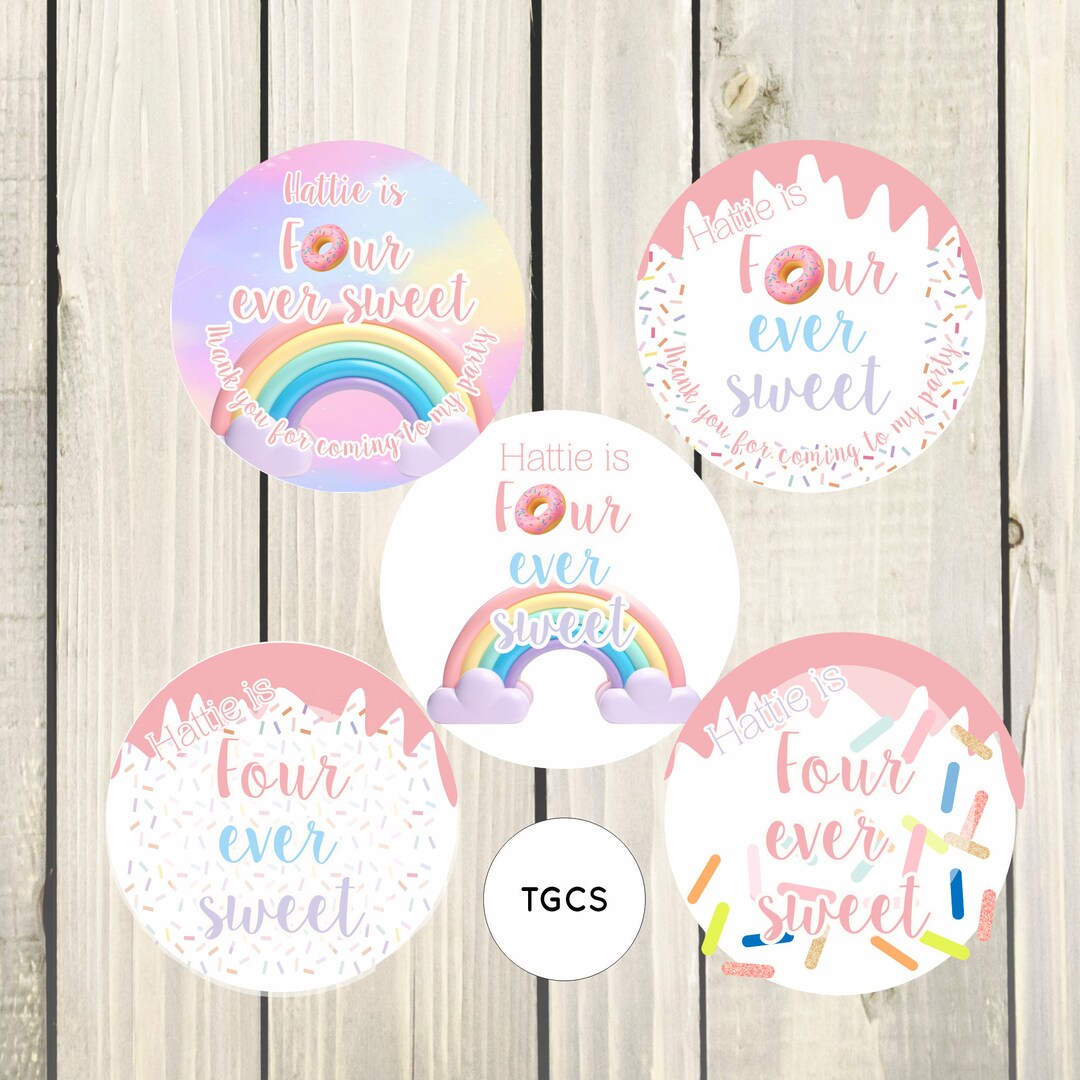 Four Ever Sweet Stickers 37mm & 51mm Circle, Donut 4th Birthday Party ...