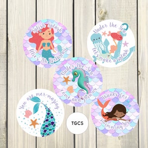 CUSTOM Mermaid Party Stickers 37mm Circle & 51mm Circle, Party Favour ...